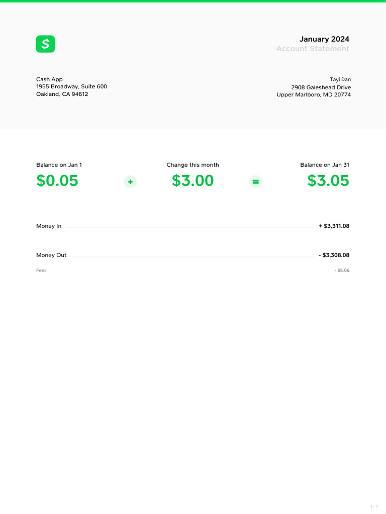 January 2024 Cash App Statement | PDF | Debit Card | Visa Inc.