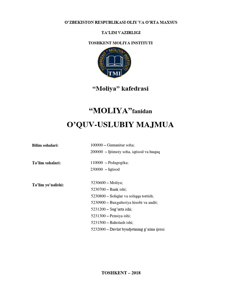 Moliya Huquqidan Uslubiy Majmua | PDF