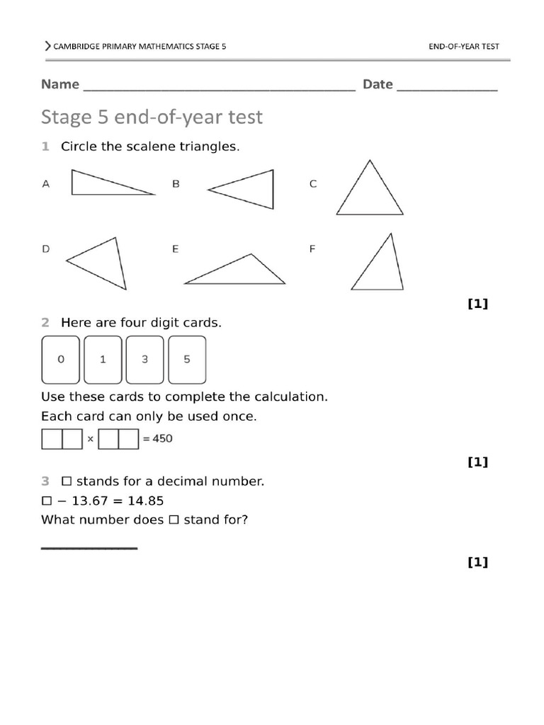 Cambridge Math Stage 5 End of Year Test | PDF