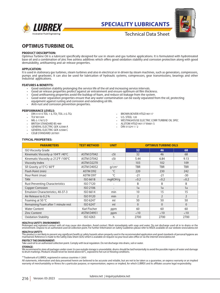 Optimus Turbine Oil 2 | PDF | Motor Oil | Mechanical Engineering