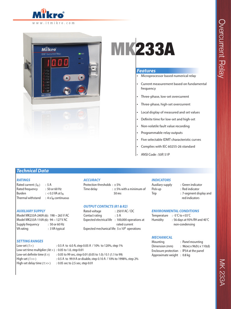 Mikro MK233A Digital IDMT OC Relay | PDF | Relay | Electronic Engineering