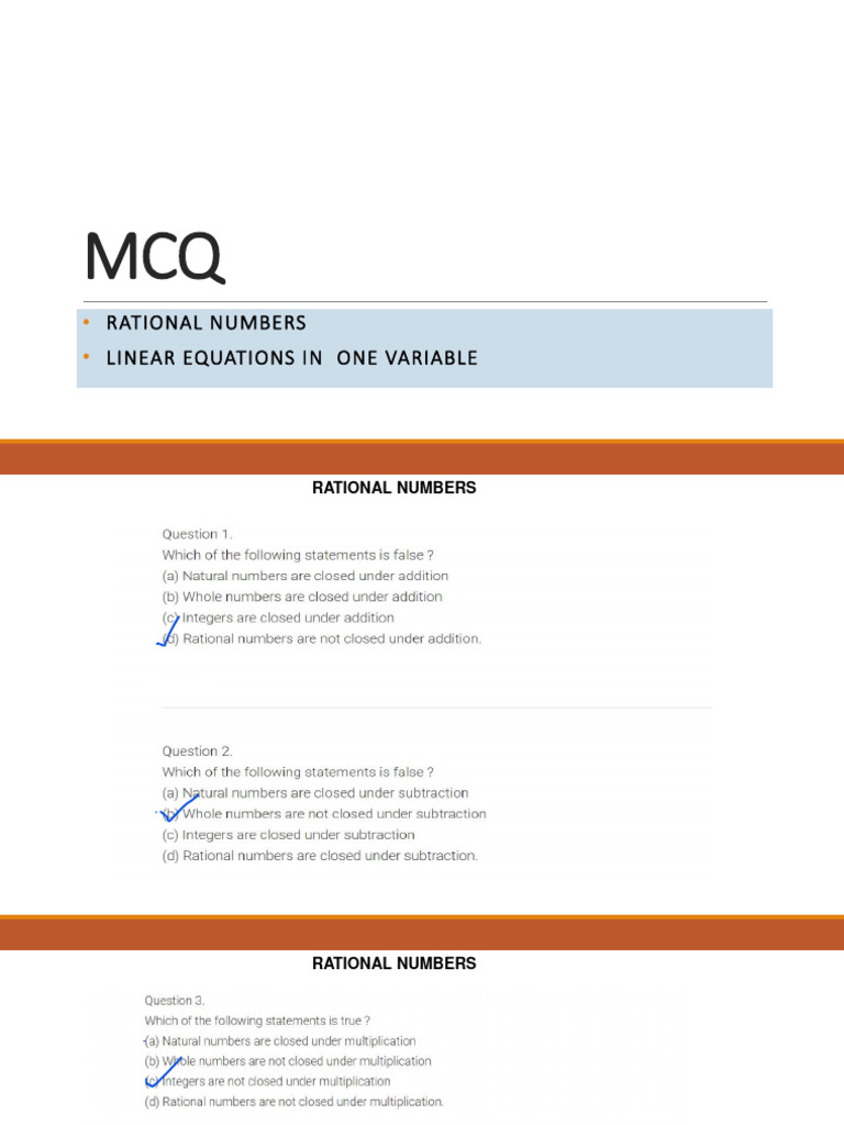 MCQ - CHAPTER Rational No. and Linear Equation in Two Variables | PDF