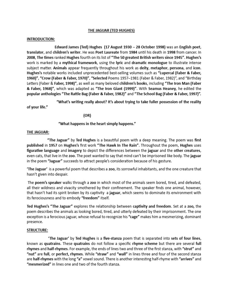 The Jaguar by Ted Hughes | PDF | Classics