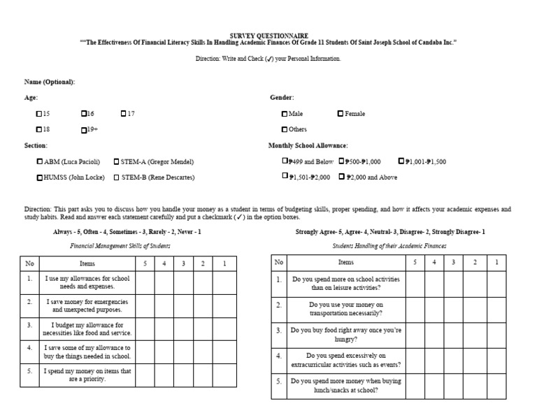 Financial Literacy Survey for Students | PDF