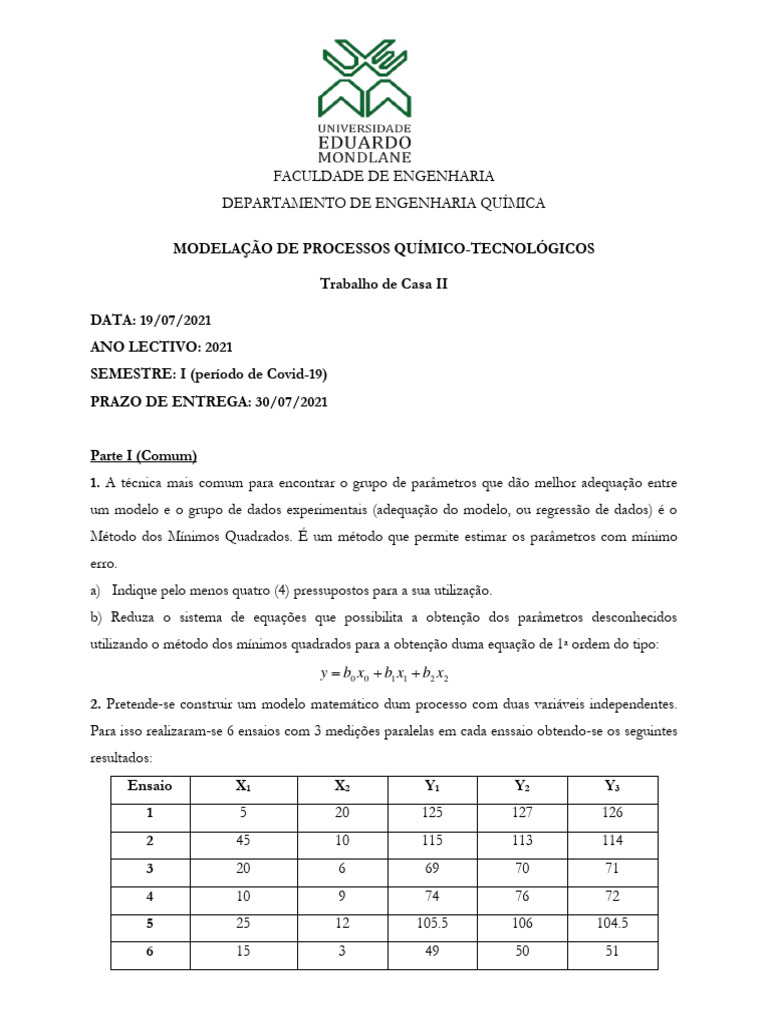 Modelagem de Processos Químicos e Estatística | PDF | Método dos ...