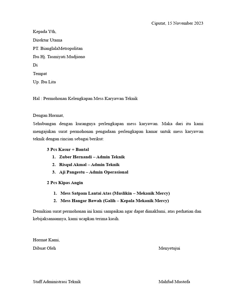 Surat Permohonan Kelengkapan Mess Karyawan Teknik | PDF