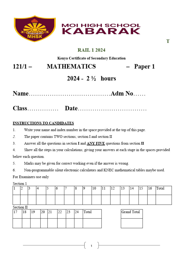 121/1 - Mathematics - Paper 1 2024 - 2 Hours Name Adm No Class Date ...