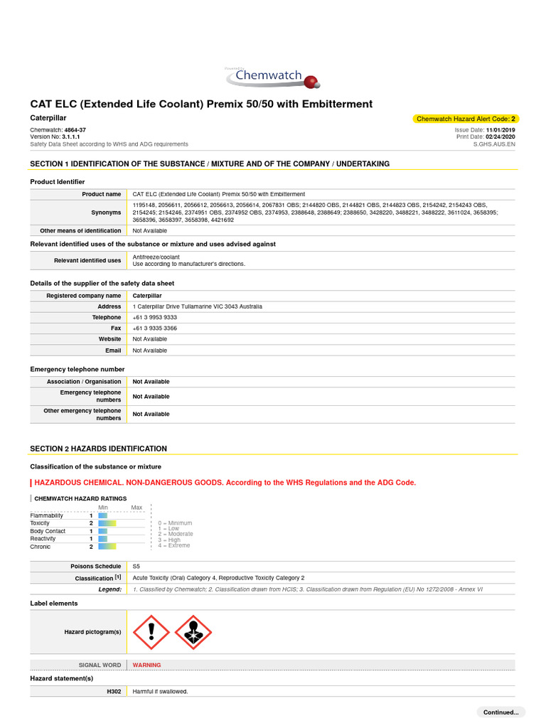 HY0T8CAT ELC Extended Life Coolant Premix 5050 With Embitterment | PDF ...
