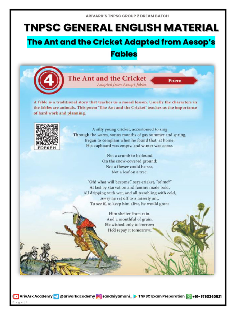 The Ant and The Cricket POEM | Download Free PDF | Aesop's Fables | Poetry