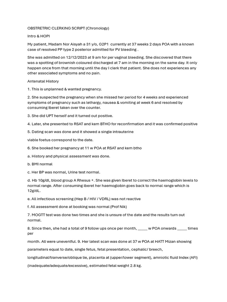 Obstretric Clerking Script | PDF | Pregnancy | Miscarriage