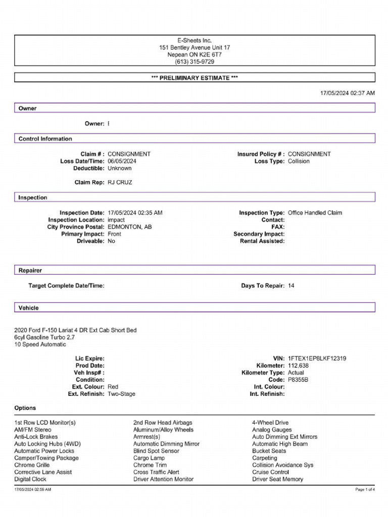 DamageEstimate Stocknumber | PDF