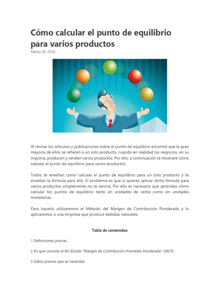 MBA Sesión#12 Cómo Calcular El Punto de Equilibrio para Varios Productos | Descargar gratis PDF ...