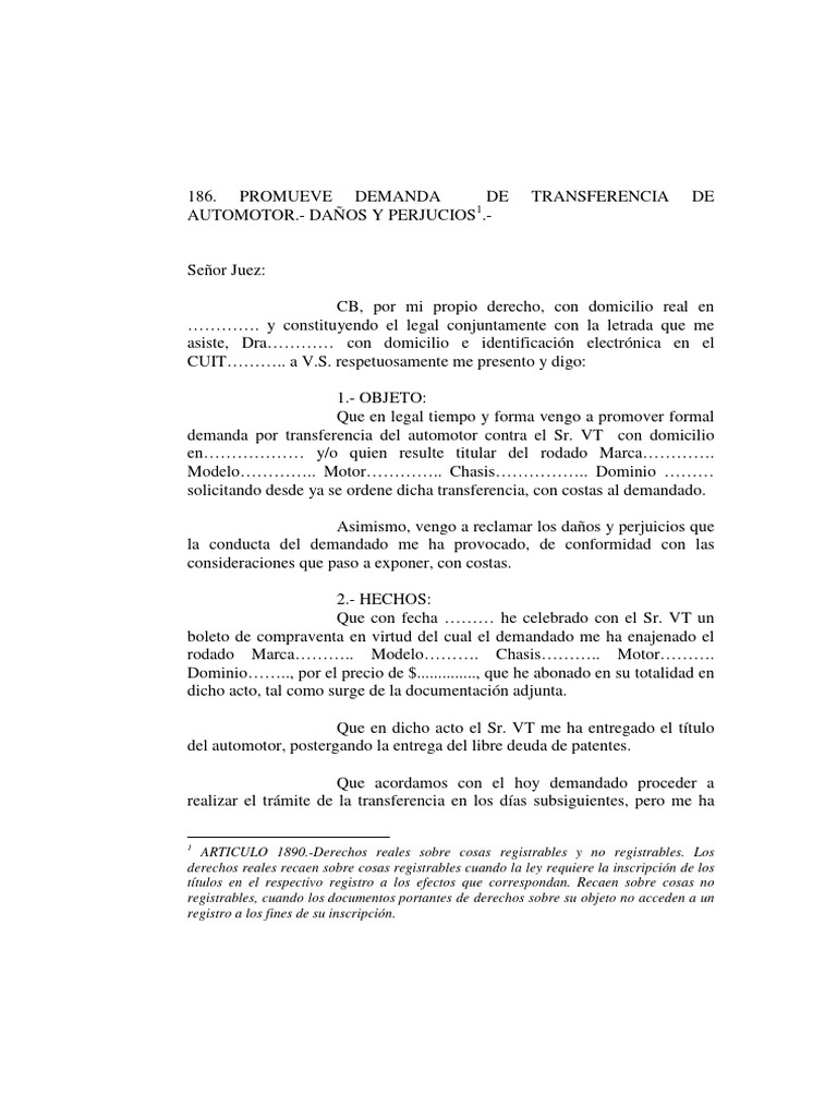 E - Promueve Demanda de Transferencia de Automotor Ds y Perj Art 1890 ...