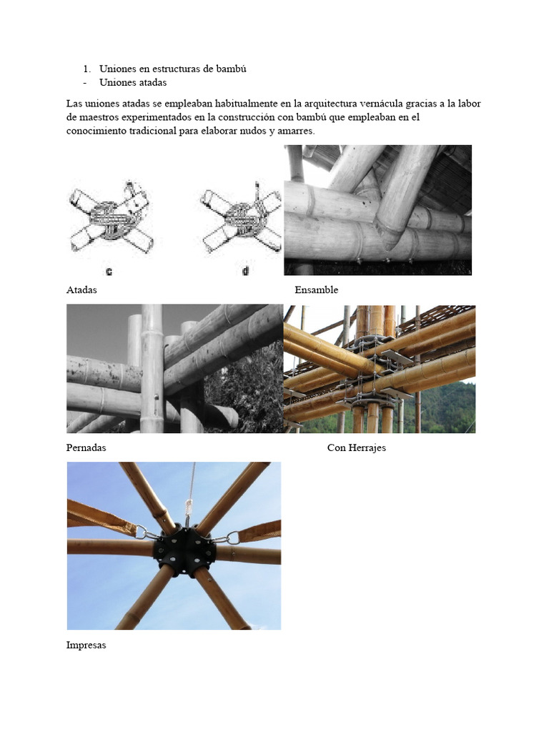 Uniones en estructuras de bambú: Tipos y ejemplos | PDF
