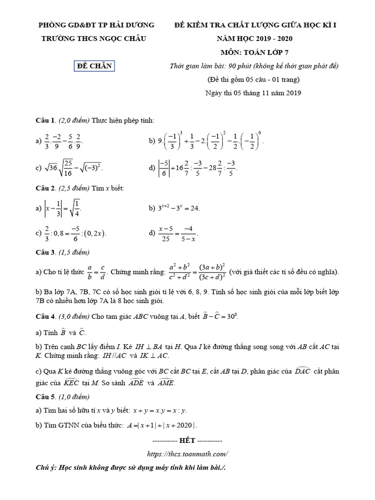 De Kiem Tra Giua Ki 1 Toan 7 Nam 2019 2020 Truong Ngoc Chau Hai Duong | PDF