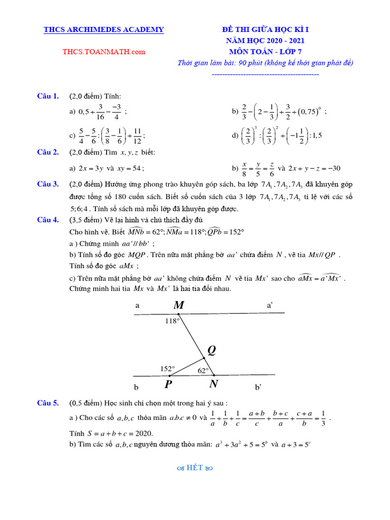 De Thi Giua Hoc Ki 1 Toan 7 Nam 2020 2021 Truong Thcs Archimedes Academy Ha Noi | PDF