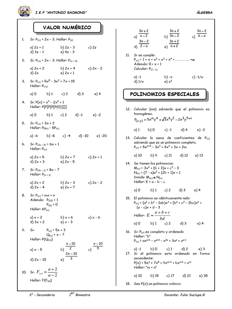 POLINOMIOS II - 3ro Sec. | PDF | Álgebra | Álgebra abstracta