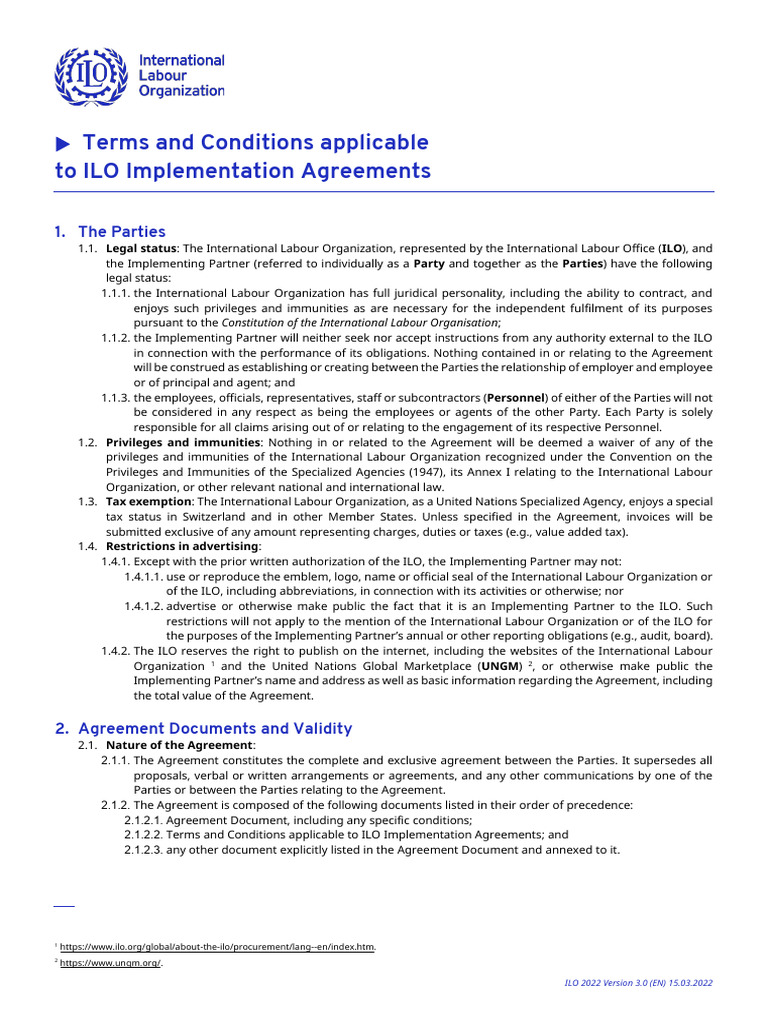 Terms and Conditions Applicable To ILO Implementation Agreements | PDF | Indemnity | Liability ...