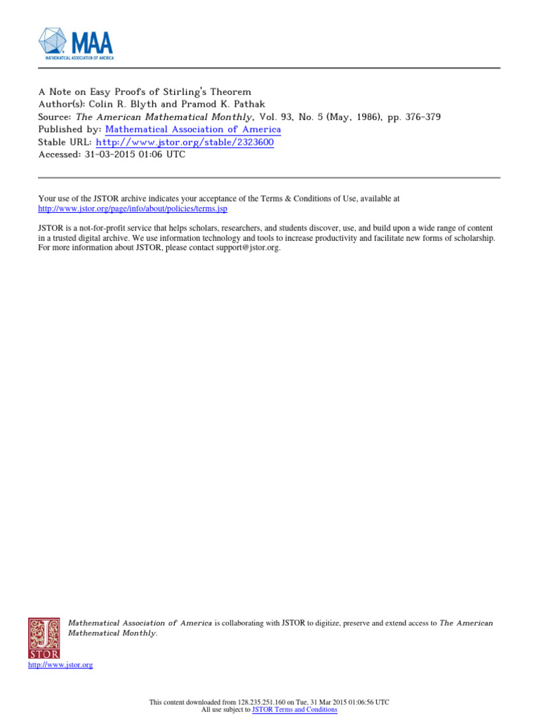 A Note Of Easy Proofs Of Stirling S Theorem Pdf Mathematical Logic Mathematics