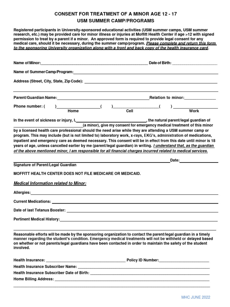 USM Summer Camp Medical Informatin-2 | PDF | Legal Guardian | Medicaid