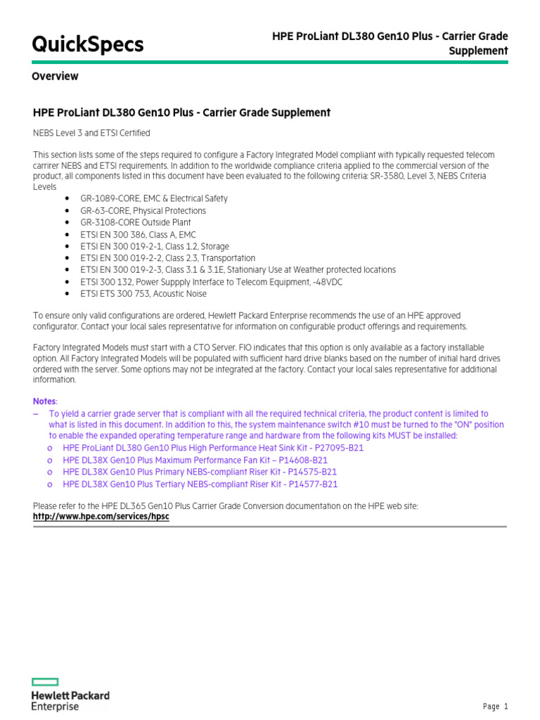 HPE ProLiant DL380 Gen10 Plus - Carrier Grade Supplement-A50004314enw | PDF | Solid State Drive ...