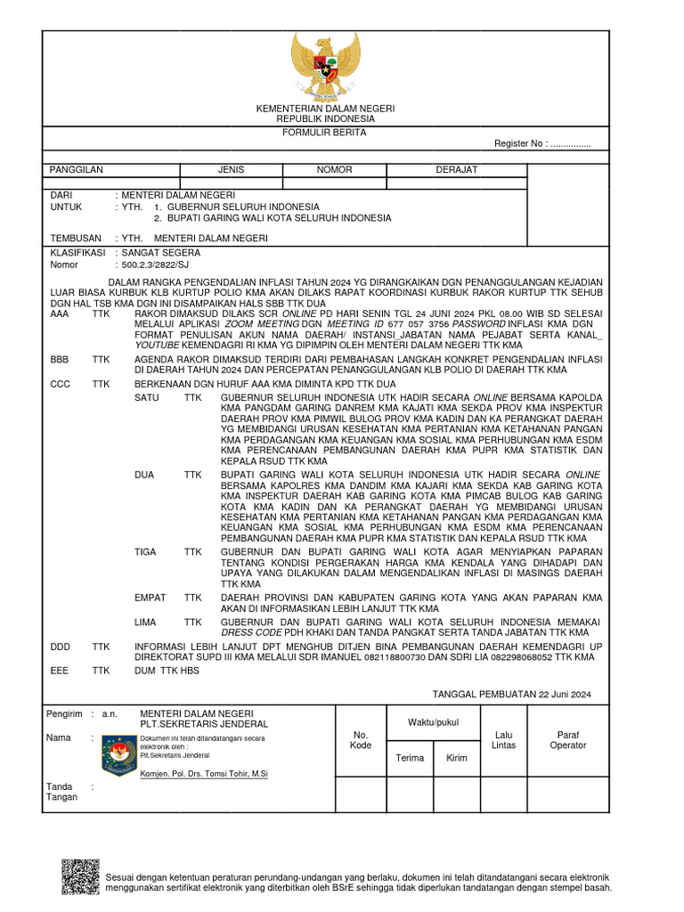 Radiogram Rakor Inflasi Polio 240624 | PDF