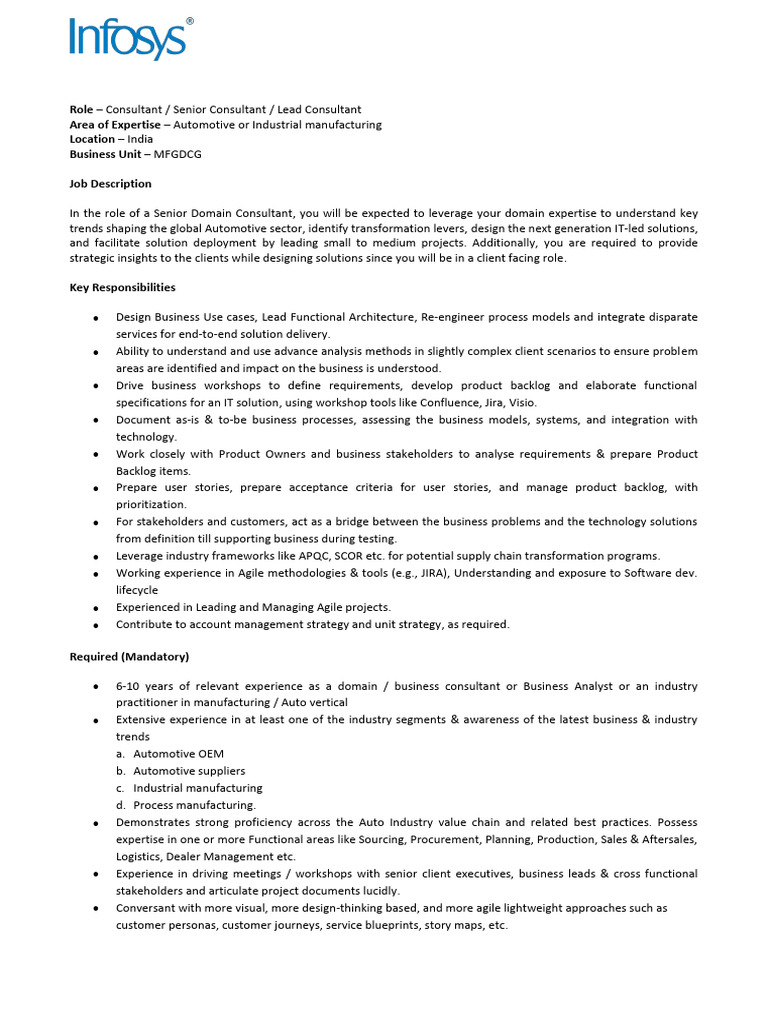 Infosys MFGDCG - Domain Specialist | PDF | Consultant | Agile Software ...