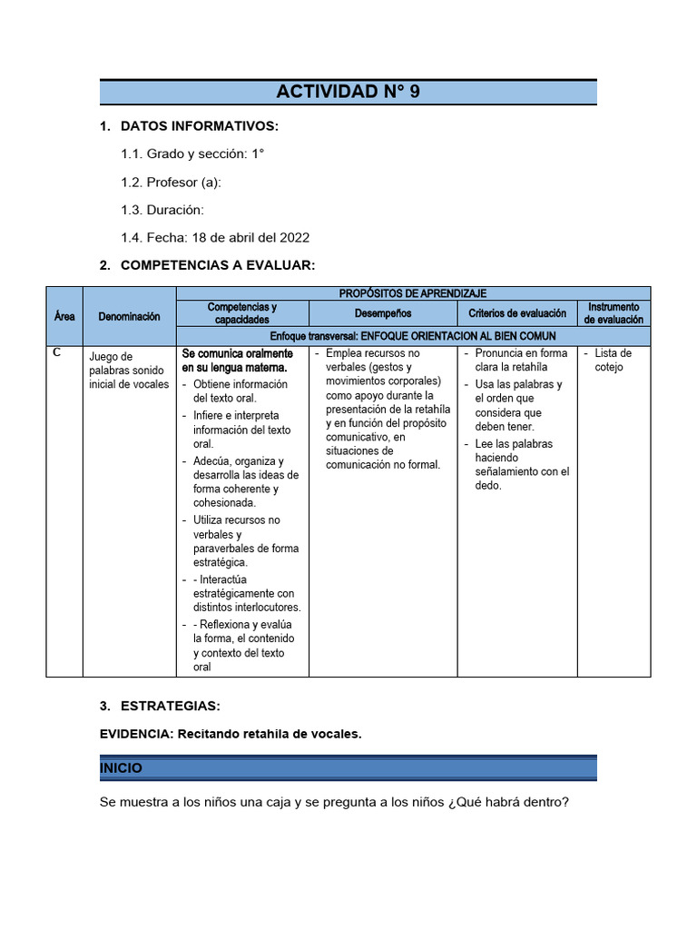 Juego de Palabras Sonido Inicial de Vocales | PDF | Evaluación ...