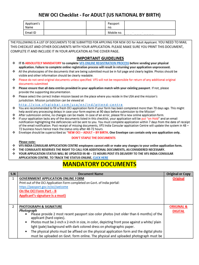 New OCI Application Checklist for Adults | PDF | Government And Personhood