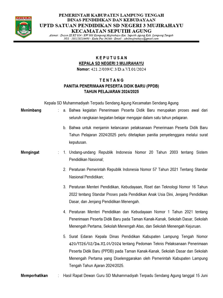 SK Panitia PPDB SD 2024-2025 | PDF | Kesehatan Holistik