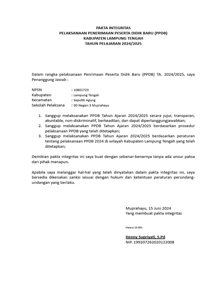 PAKTA INTEGRITAS PPDB 2024 | PDF