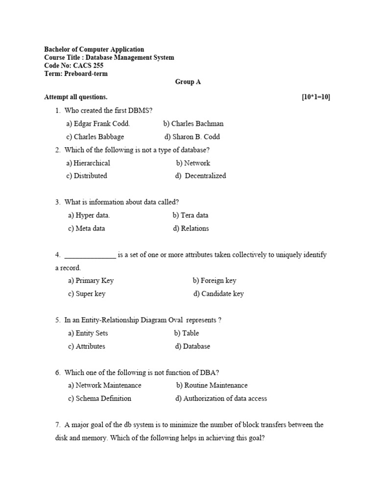 BCA DBMS Preboard | PDF | Databases | Information Science