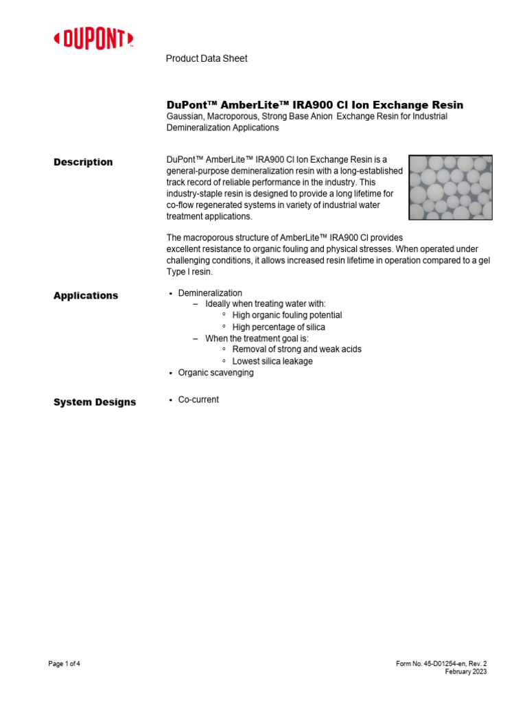 IER AmberLite IRA900 CL PDS 45 D01254 en | PDF | Safety | Ion Exchange