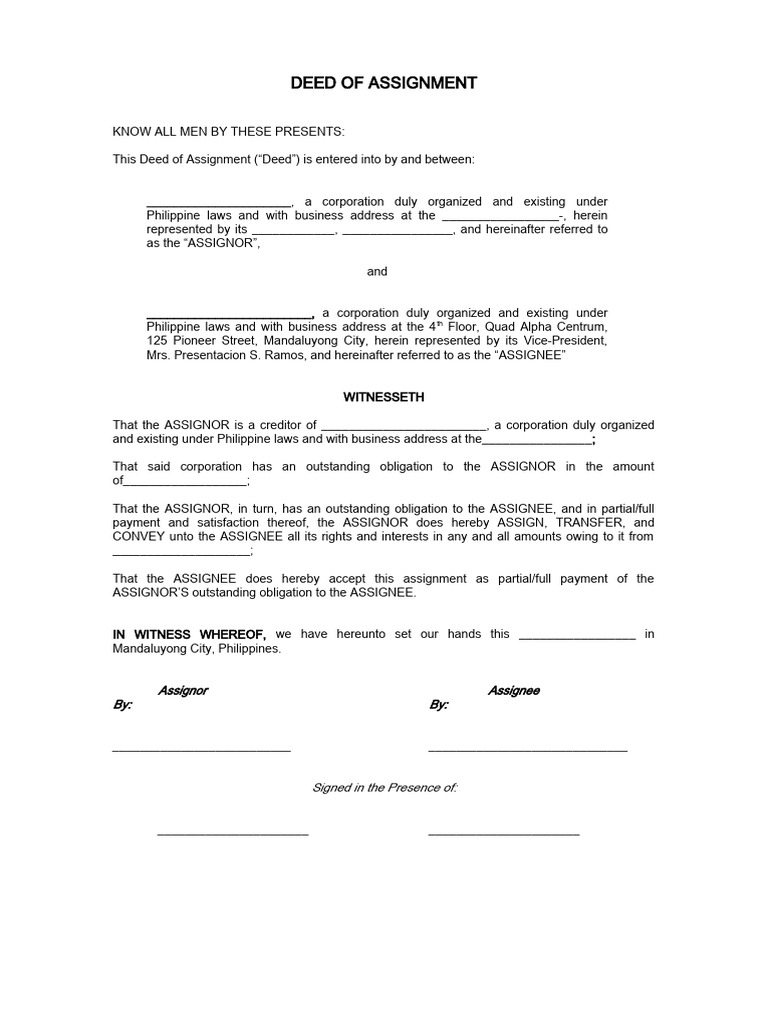 Deed of Assignment of Debt | PDF | Assignment (Law) | Private Law