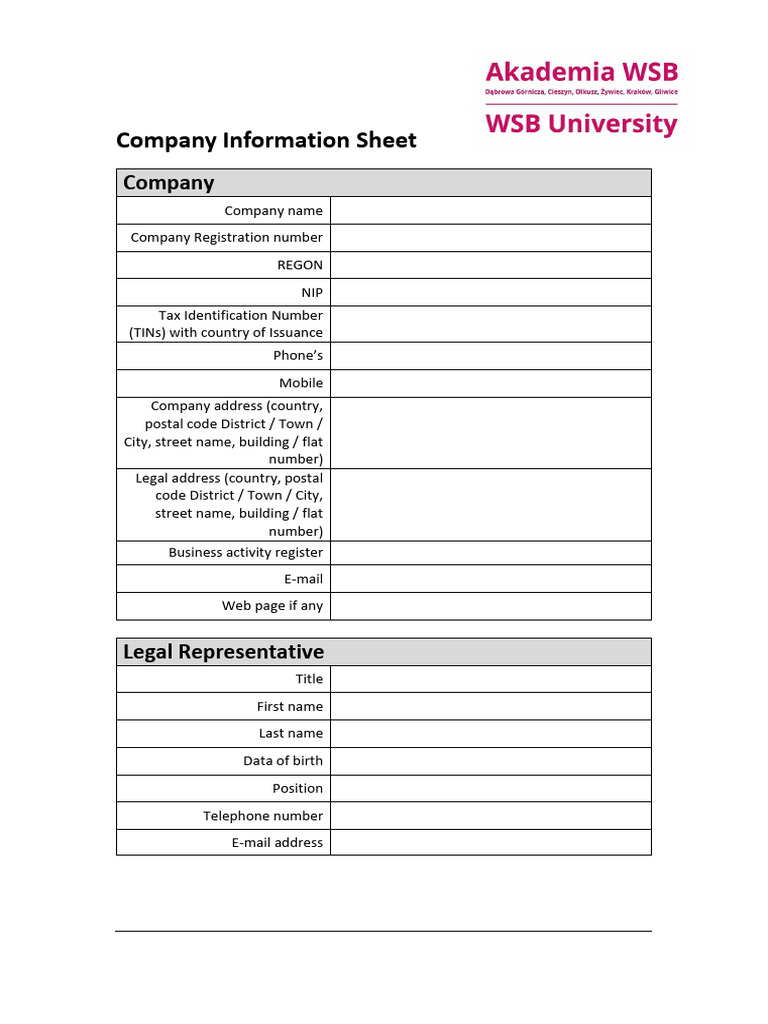 Company Information Sheet - Template PDF | PDF