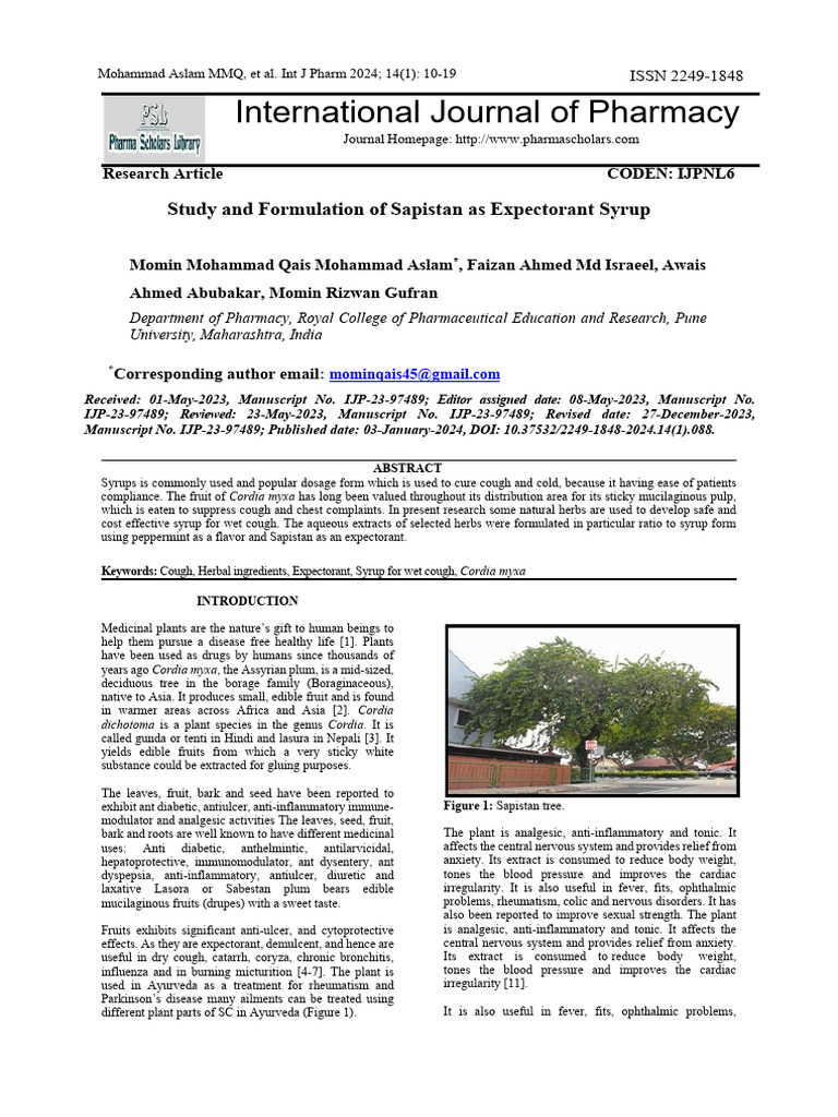 Study and Formulation of Sapistan As Expectorant Syrup | PDF | Cough ...