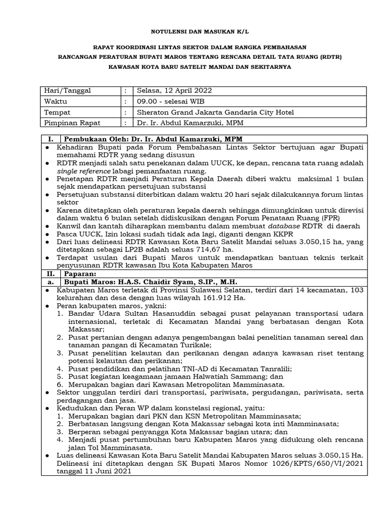 Notulensi Rapat Linsek - RDTR Kota Baru Satelit Mandai DSK | PDF
