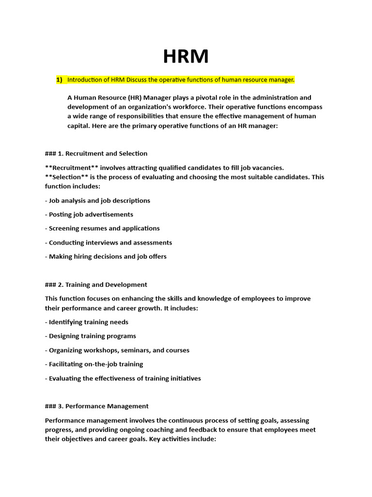 Introduction of HRM Discuss The Operative Functions of Human Resource ...