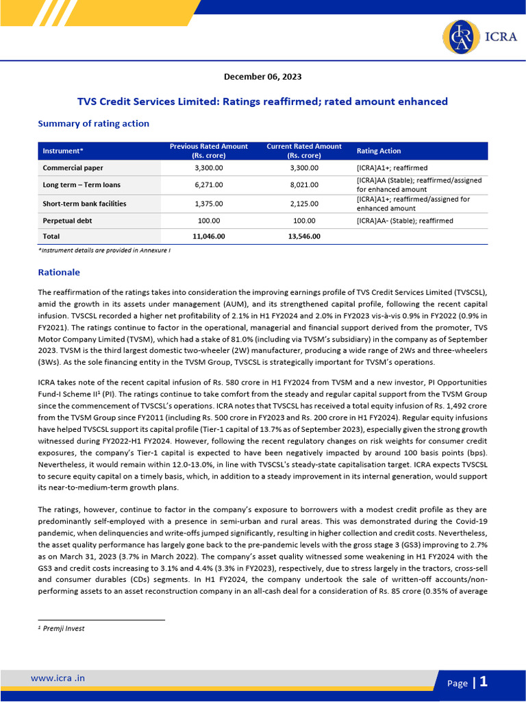 TVS Credit Services: Rating Update 2023 | PDF | Finance & Money ...
