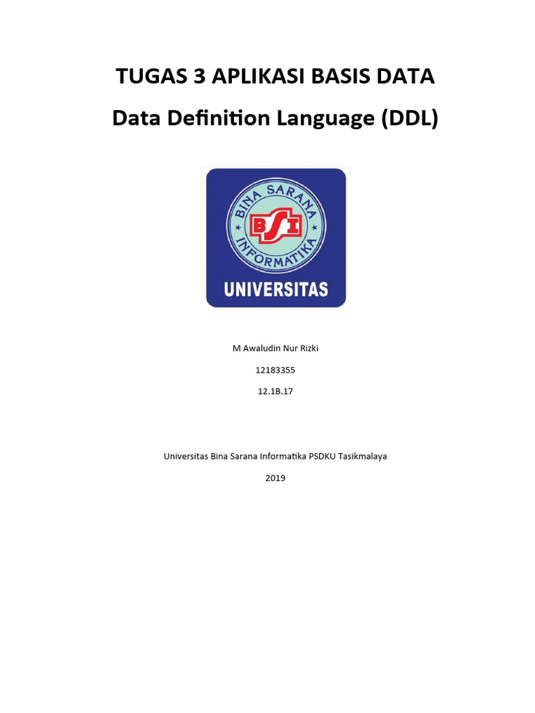 TUGAS 3 APLIKASI BASIS DATA Data Definition Language (DDL) | PDF
