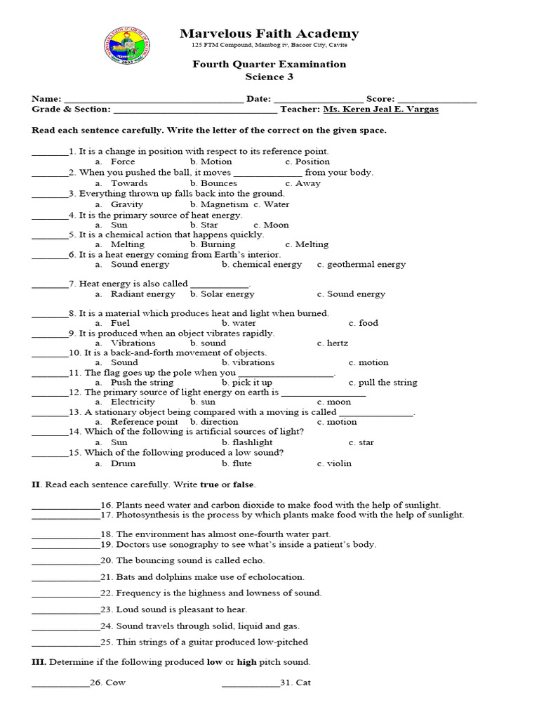 4th Science 3 EXAM.. | PDF | Sound | Sun