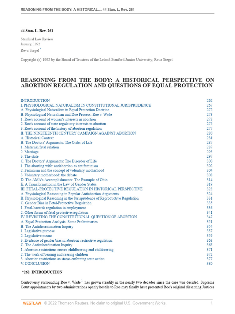 Reasoning From The Body A Historical Perspective On Abortion Regulation and Questions of Equal ...