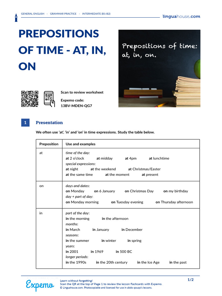Prepositions of Time: At, In, On Guide | PDF