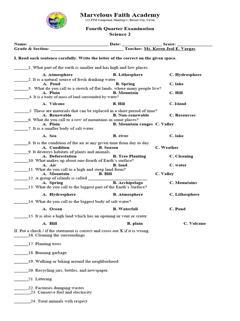 Fourth Science 2 Exam.. | PDF | Water | Earth