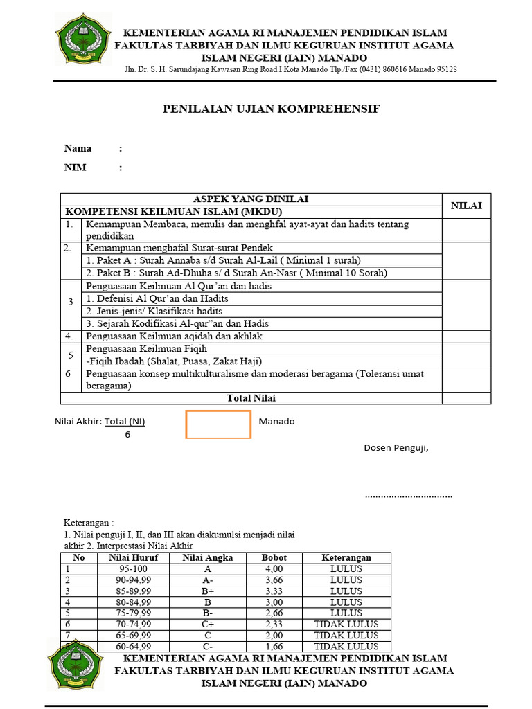 Penilaian Ujian Komprehensif Nur | PDF
