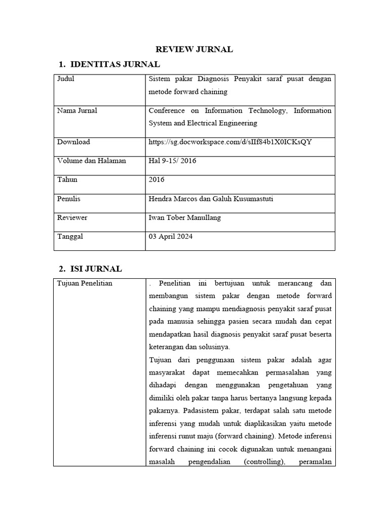 Review Jurnal 1. Sistem Pakar Diagnosis Penyakit Saraf Pusat (Iwan) | PDF