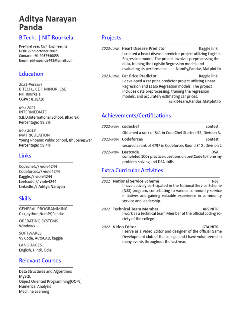 121CE0831 - Aditya Narayan Panda - Resume | PDF | Computing | Computer Programming