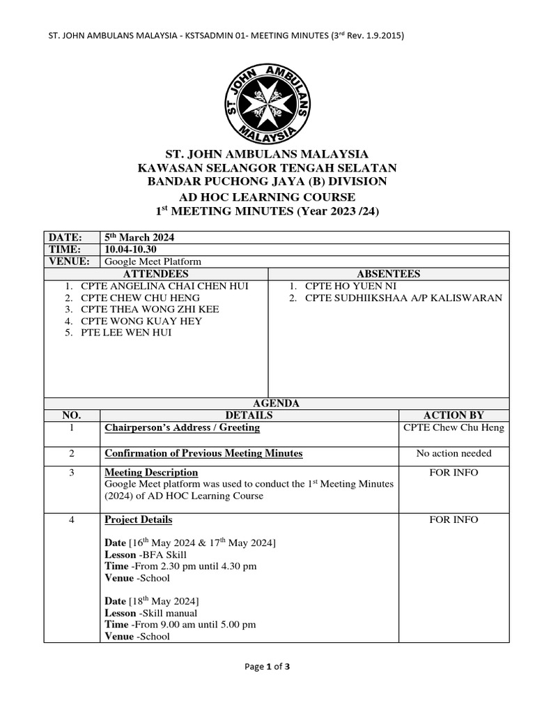 1st Adhoc Learning Course Meeting Minute Year 2024 | PDF