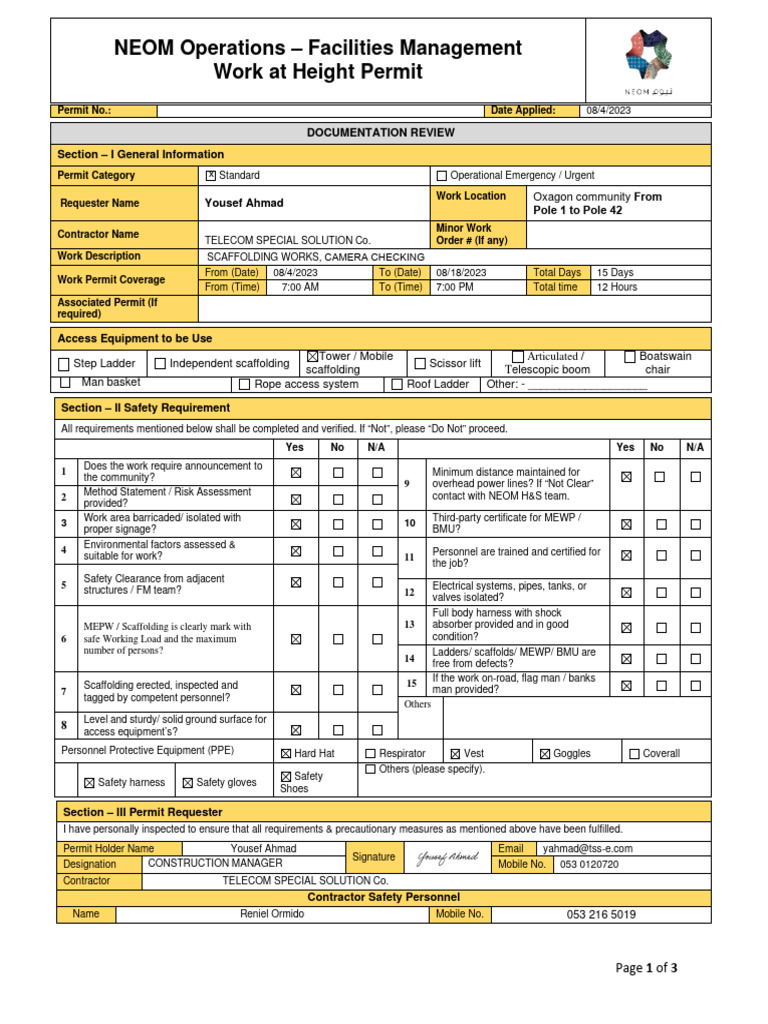 Work at Height Permit - 1 | PDF | Scaffolding | Personal Protective ...