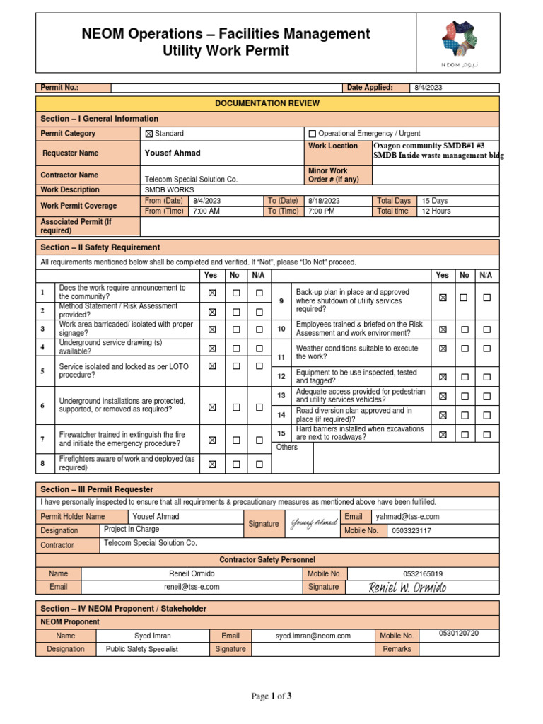 Utility Work Permit | Download Free PDF | Safety